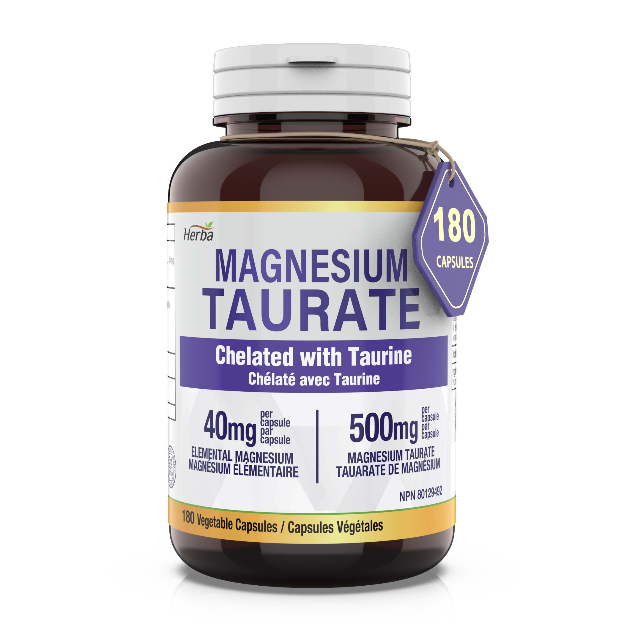 Magnesium Taurate Supplement 500mg - 180 Capsules – Herba